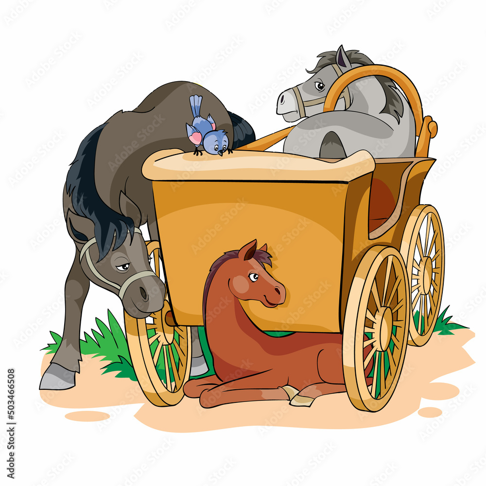 illustration of three horses, one of which is harnessed to a cart, the ...