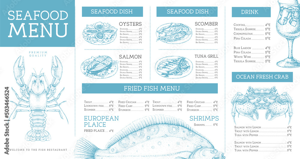 Seafood restaurant menu design with hand drawing fish. Vector ...