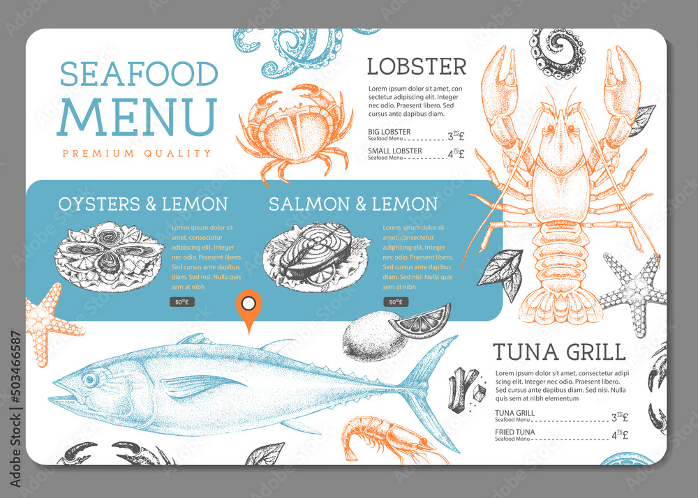 Seafood restaurant menu design with hand drawing fish. Vector ...