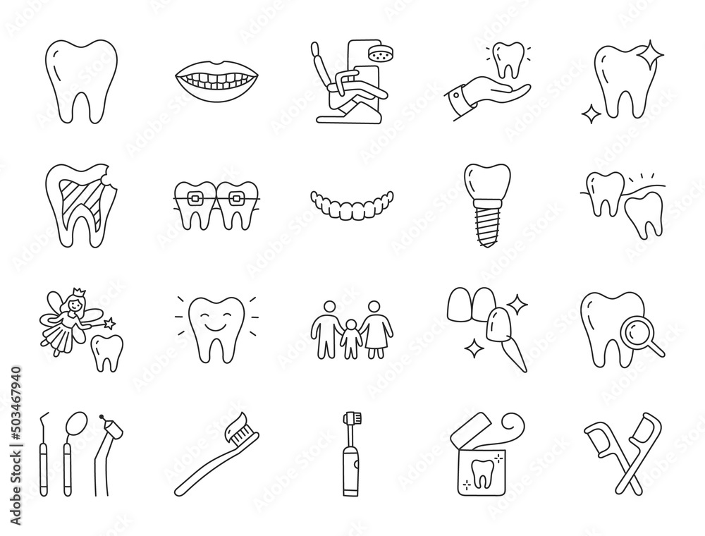 Dental clinic doodle illustration including icons - wisdom tooth ...