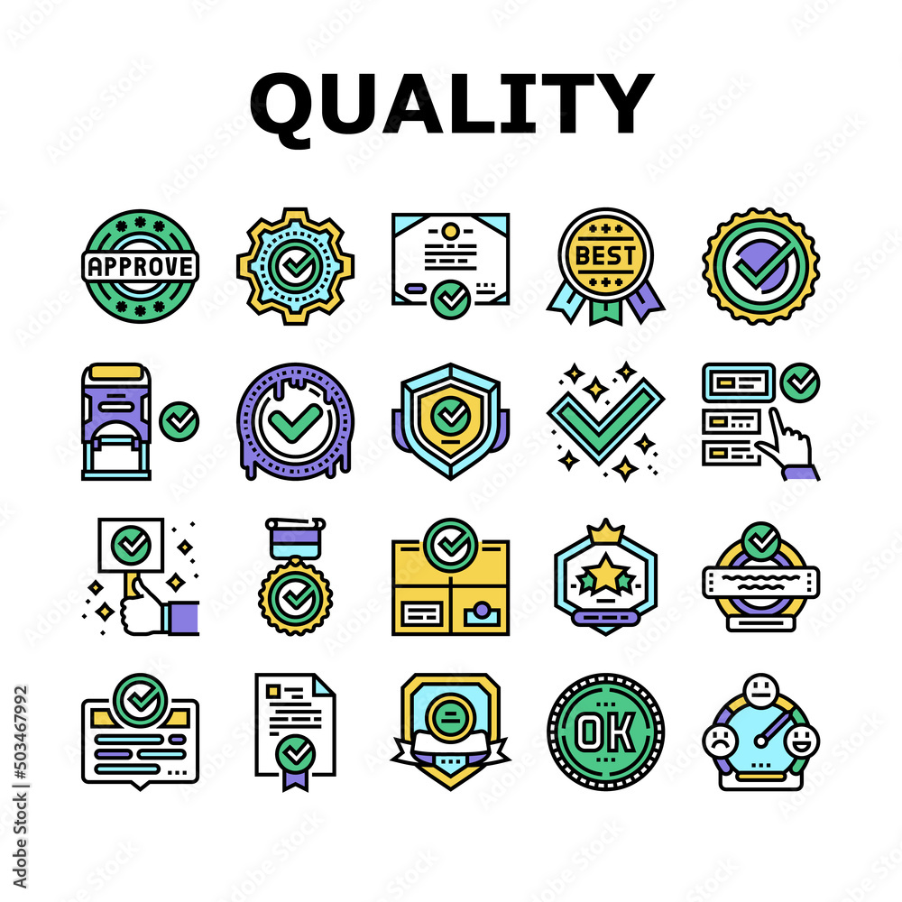 Quality Approve Mark And Medal Icons Set Vector. Product Quality ...