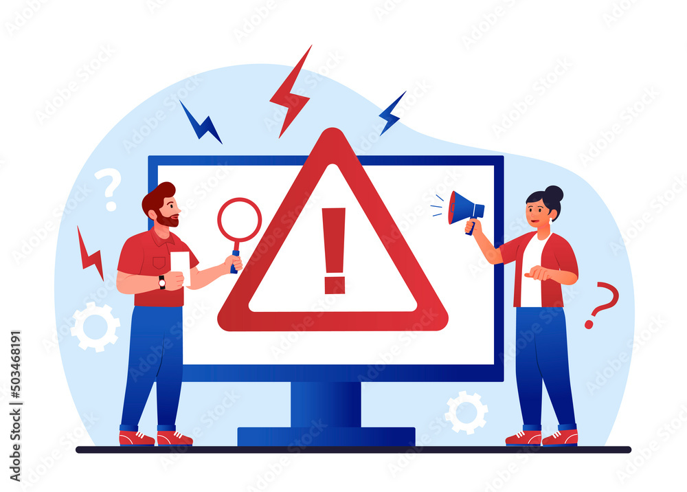 System error concept. Man and girl next to computer monitor. Attention ...