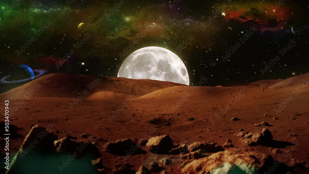 Outer Space Planet Landscape Moon Glow Another Galaxy. Strange colorful ...
