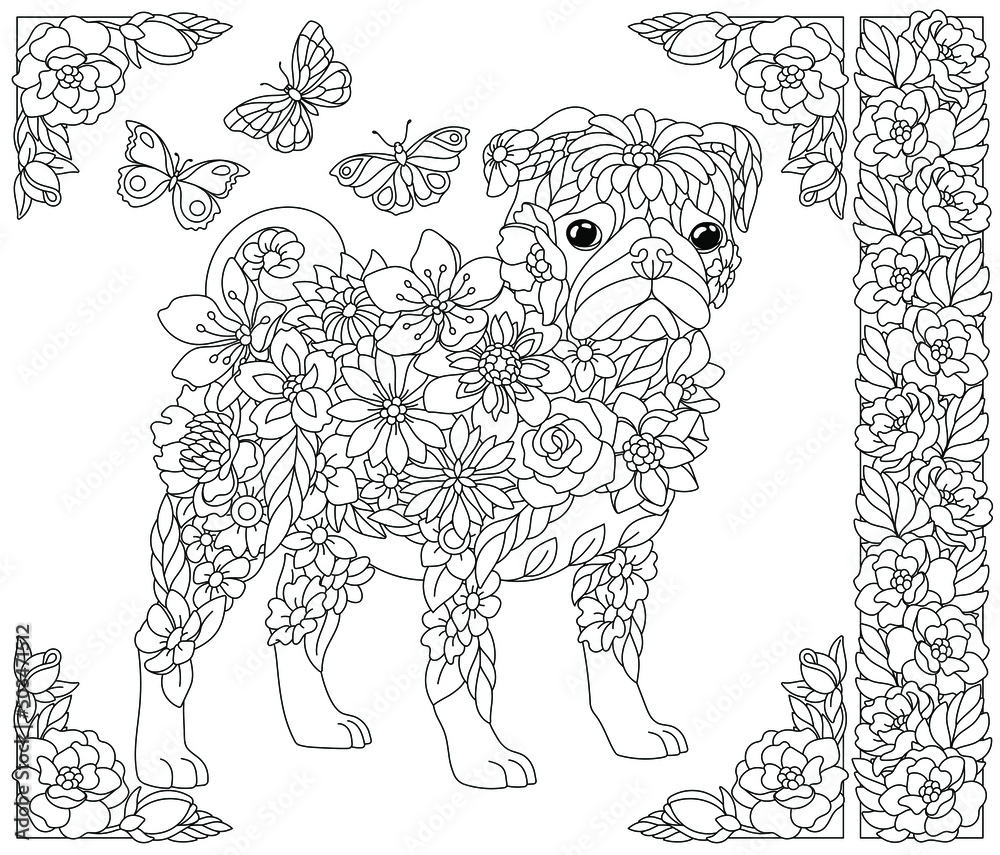 Adult coloring book page. Floral pug dog. Ethereal animal consisting of ...