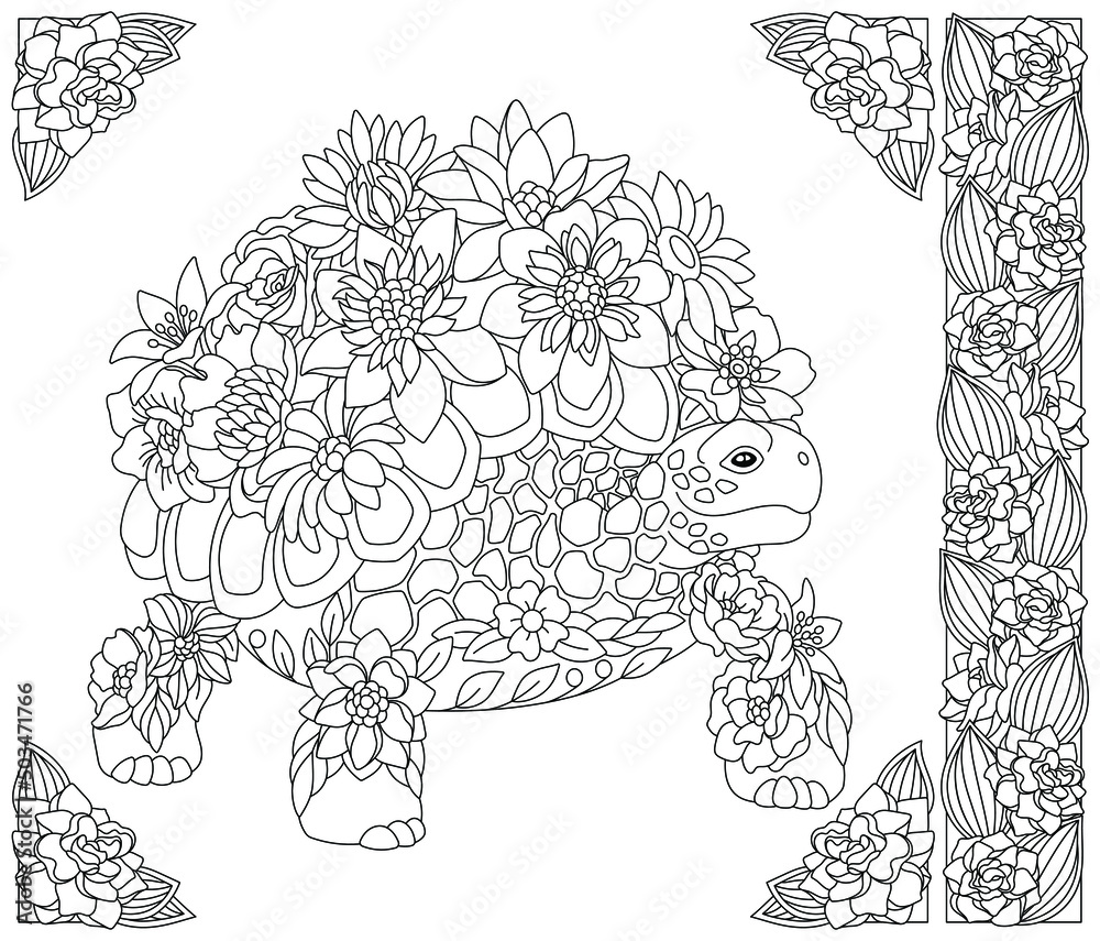 Adult coloring book page. Floral turtle. Ethereal animal consisting of ...