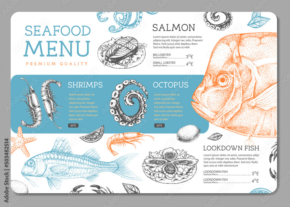 Seafood restaurant menu design with hand drawing fish. Vector ...