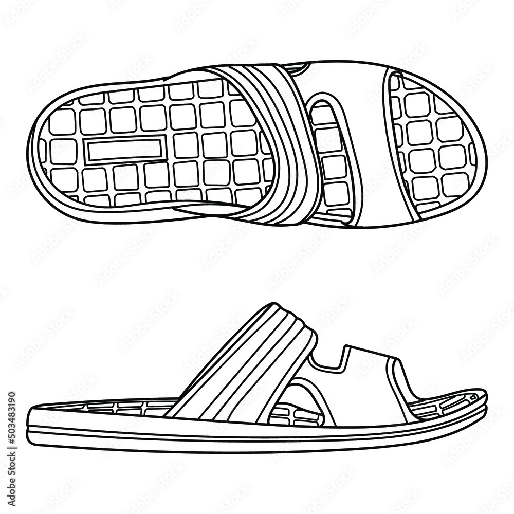 Pair of flip flops, summer time vacation attribute, slippers, shoes, sketch style vector black ...