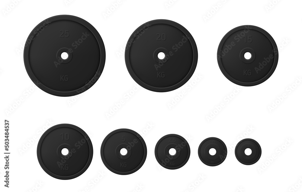 Collection realistic black circle plates different weight for barbells ...