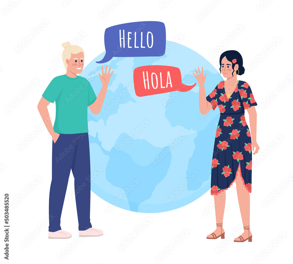 Language partnership 2D vector isolated illustration. Native speakers ...
