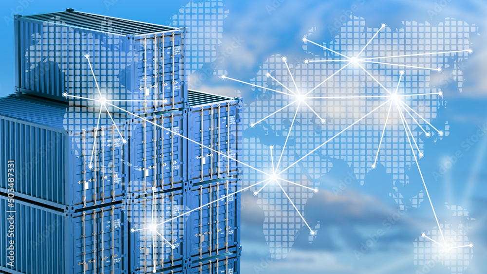 Supply chain management. International supply chain. World map in front ...