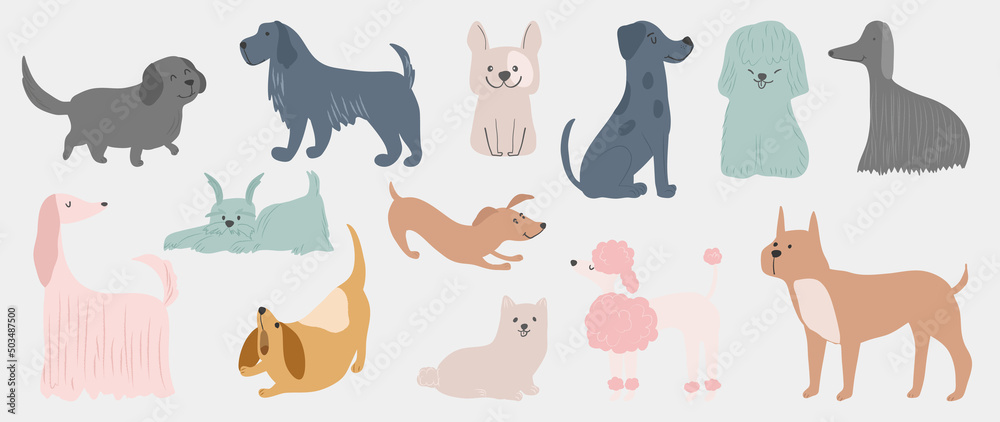 Set of cute dogs vector. Lovely dog and friendly puppy doodle pattern ...