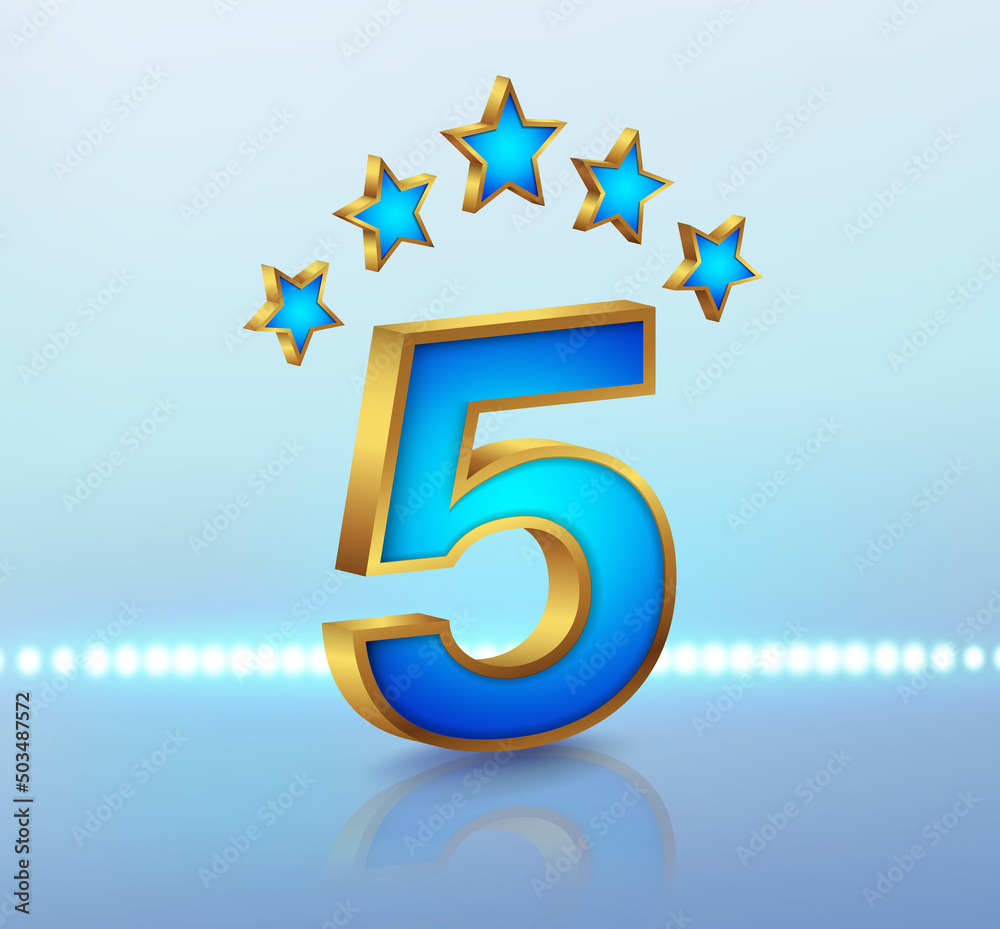 Number 5 with five gold rimmed crystal stars. Isolated on a light blue ...