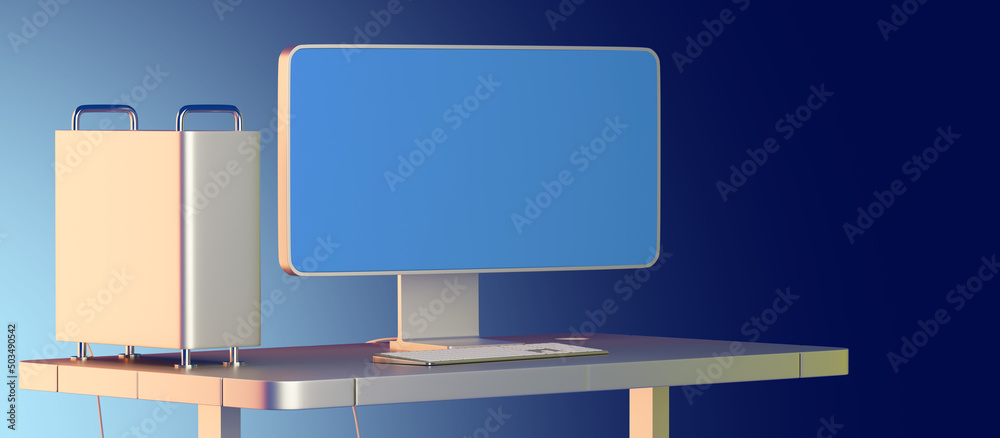 Computer screen. Place for text on blue. Table with system unit and ...