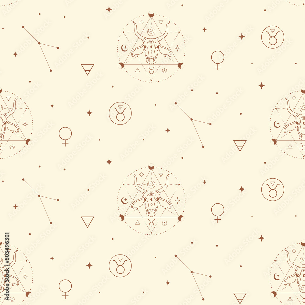 Taurus Zodiac Background Seamless Pattern. Astrology Signs 2 Stock ...