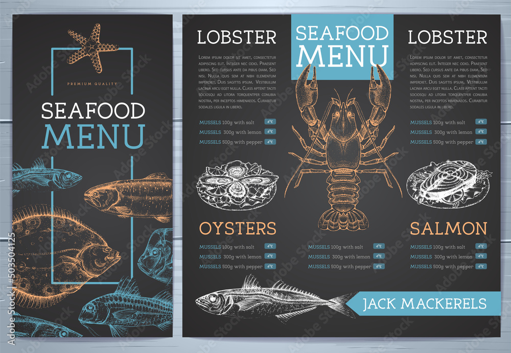 Chalk drawing seafood restaurant menu design with hand drawing fish ...