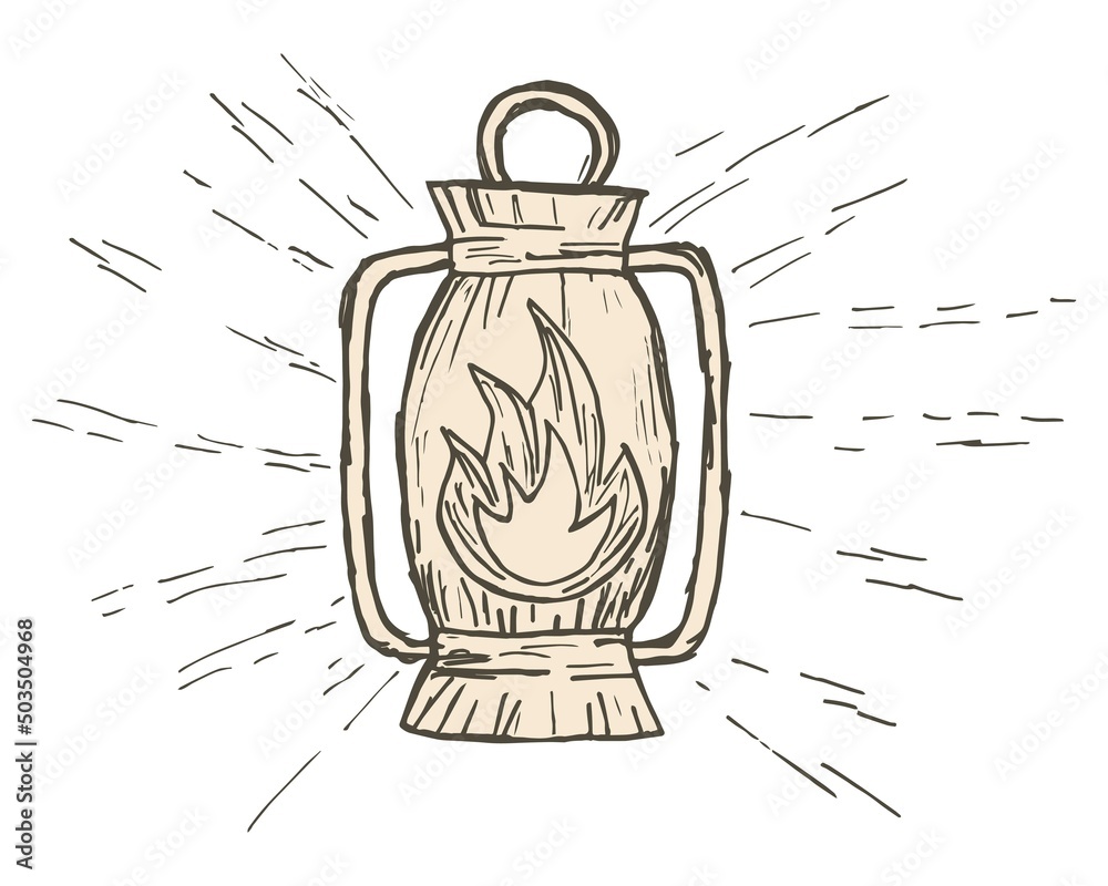 Rough hatching vintage drawing of the gaslamp. Simple flat brown ...