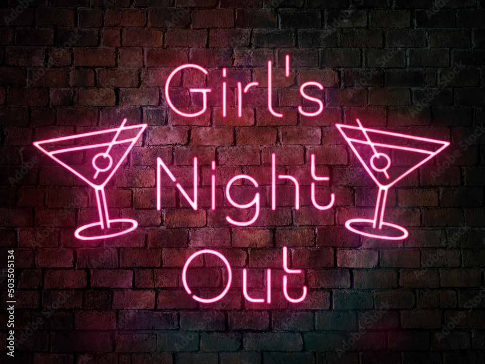 Girl's night out neon pink sign of a bar or pub. with text and ...