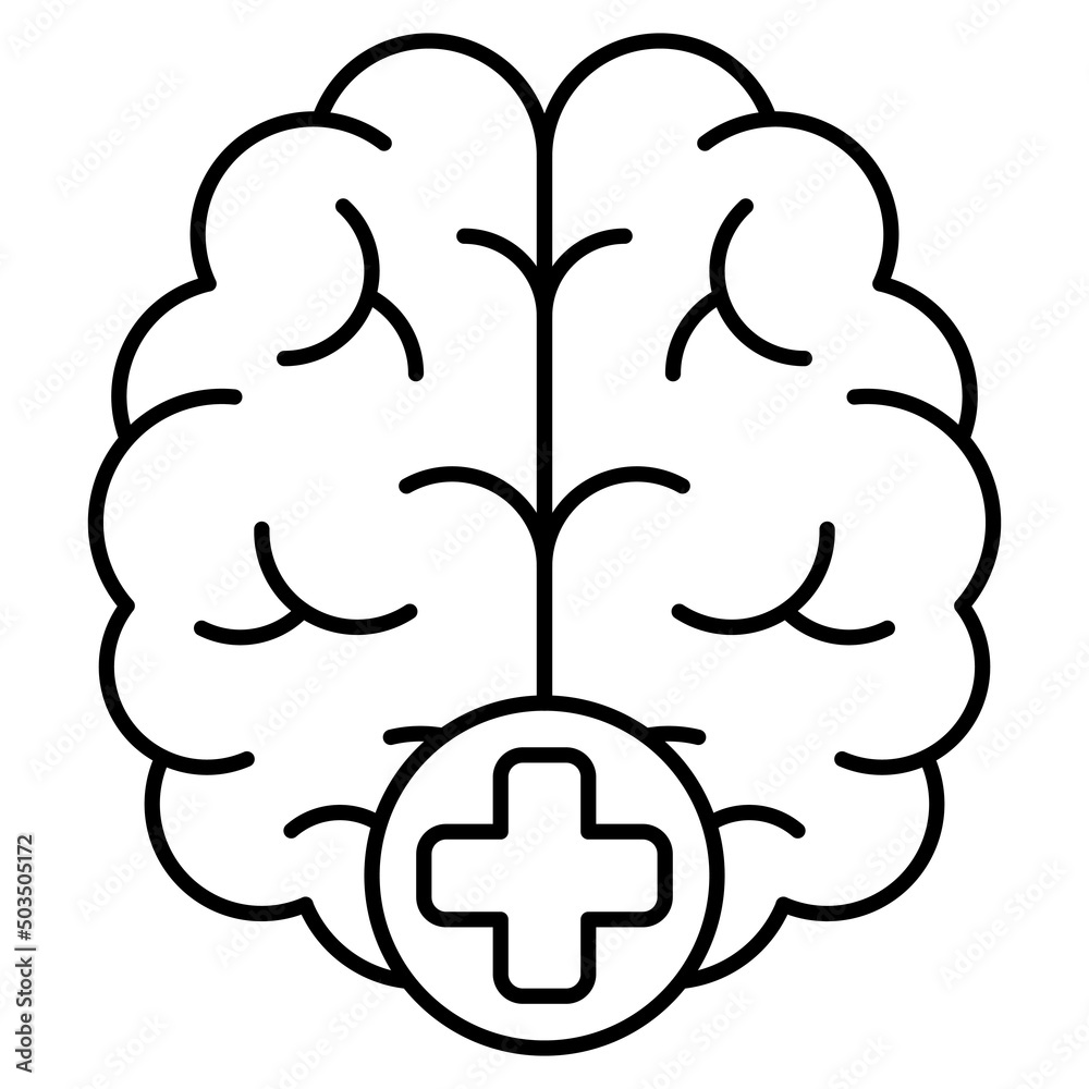 Simple linear icon of a human brain with a plus sign. The concept of ...