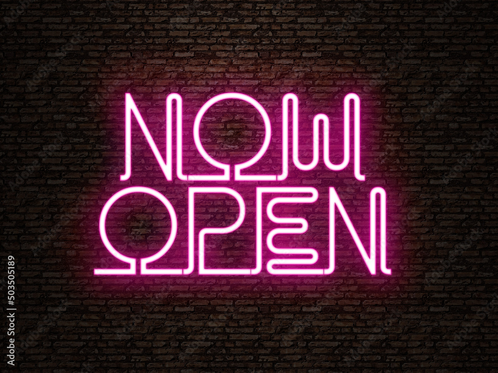 Now Open neon pink sign. Concept of recently opened business. Old ...