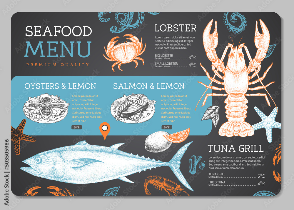 Chalk drawing seafood restaurant menu design with hand drawing fish ...