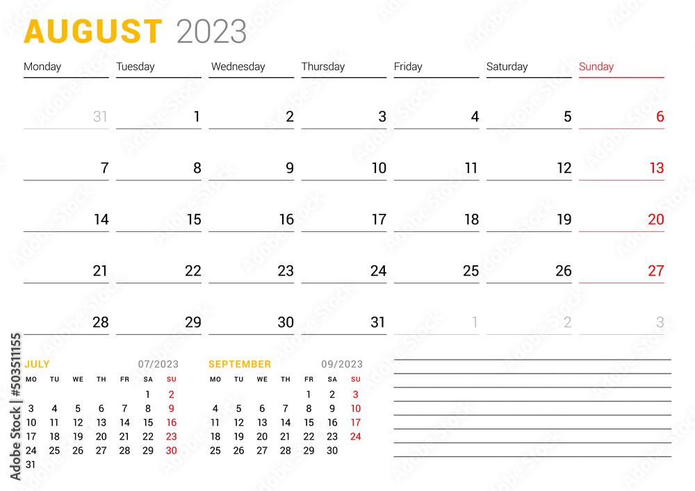 Calendar template for August 2023. Business monthly planner. Stationery ...
