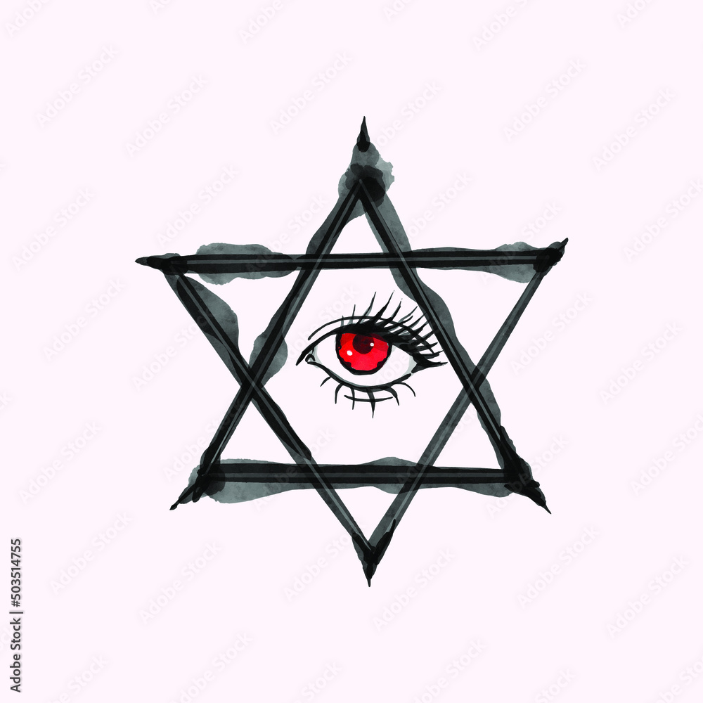 pentagram with red eye in the middle water colour ink tattoo idea Stock ...