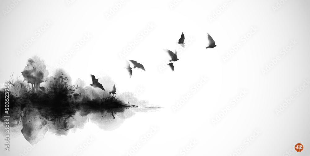 Black ink wash painting with flock of birds flying above the island ...