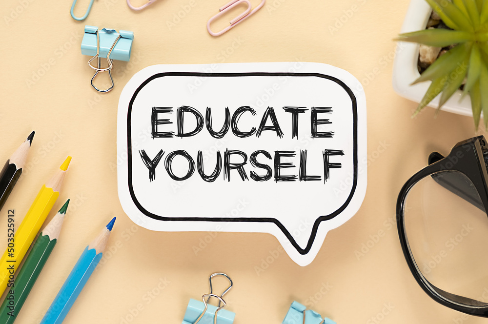 Stickers with chart,calculator and paper with text EDUCATE YOURSELF ...