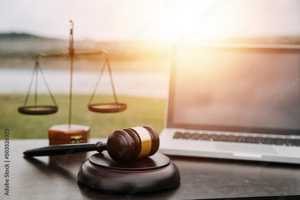 Justice and law concept.Male judge in a courtroom with the gavel ...