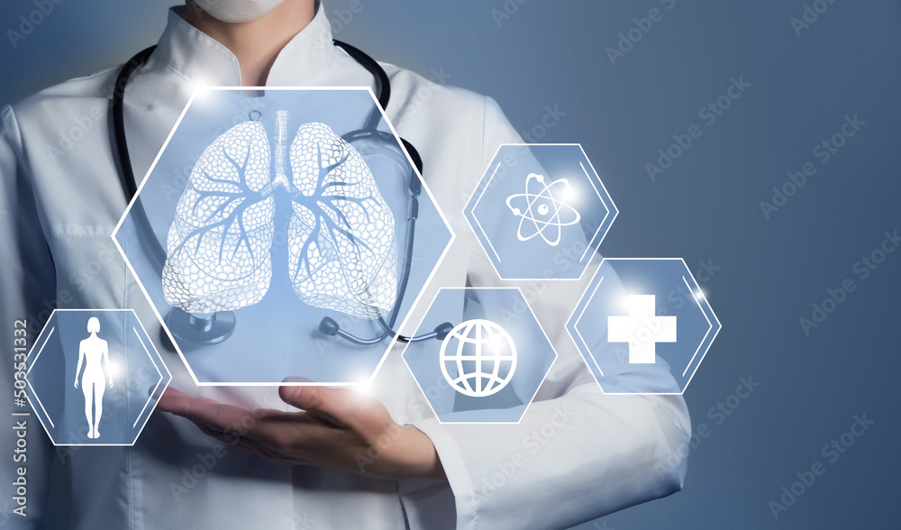 Unrecognizable female doctor holding graphic virtual visualization ...