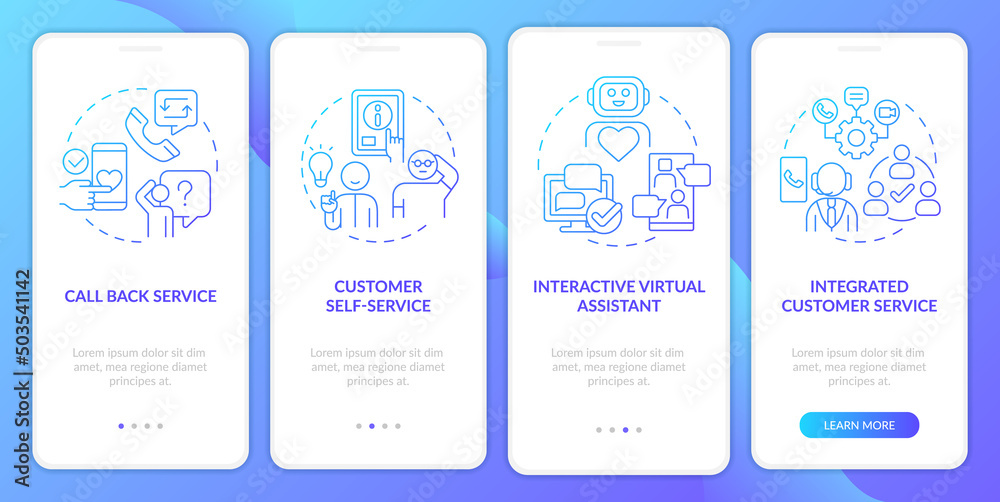 Types of customer service blue gradient onboarding mobile app screen ...