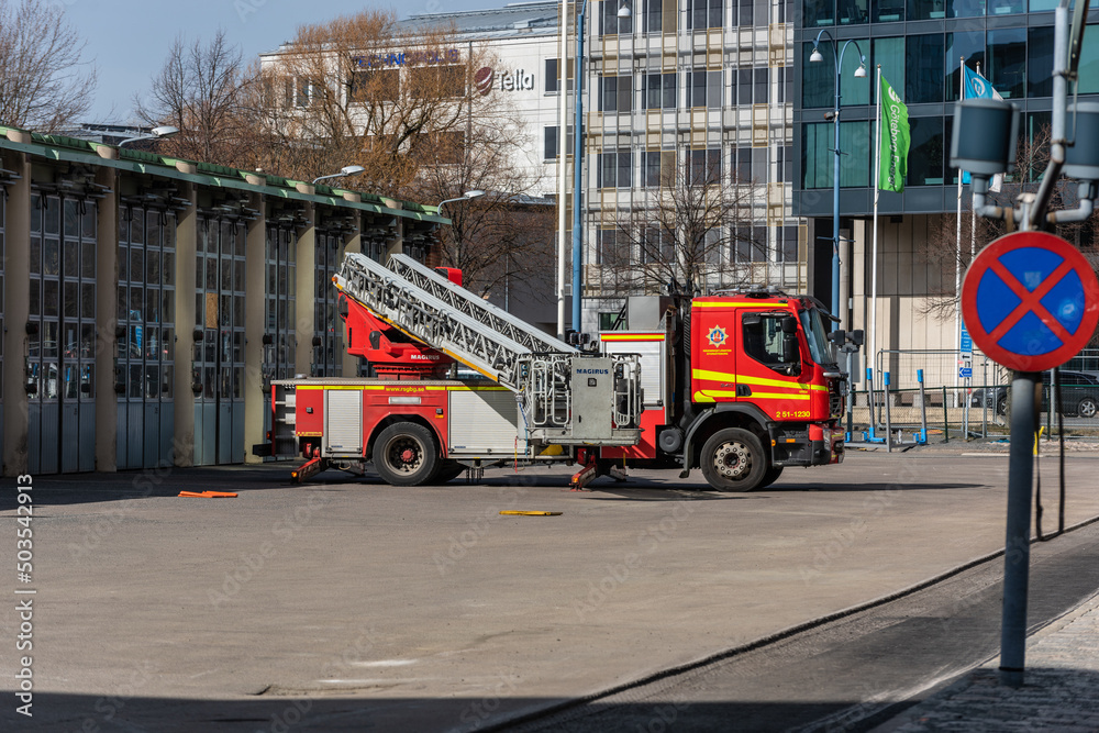 Volvo Magirus fire ladder truck being tested and cleaned at a fire ...