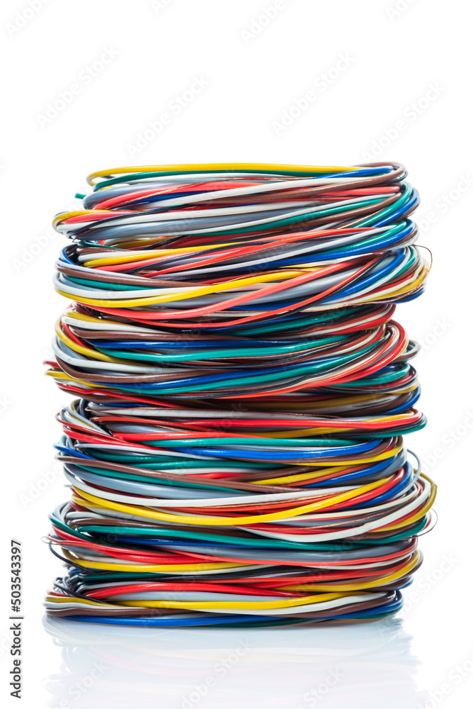 Pile of colorful electric cable isolated on white background Stock ...