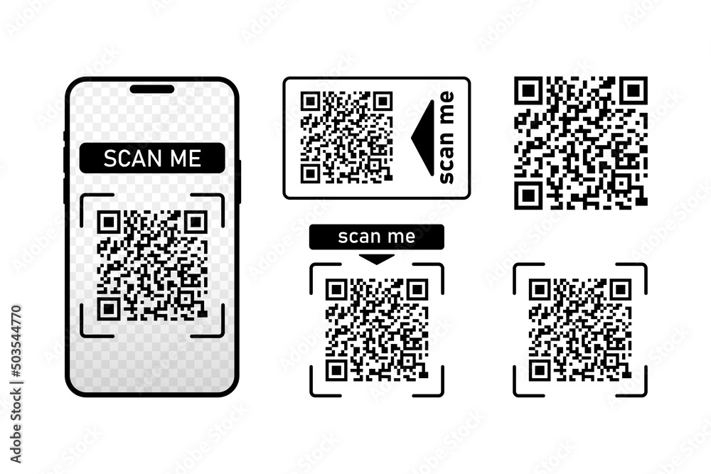 Set Scan me icons frame with Qr code and smartphone isolated on white ...