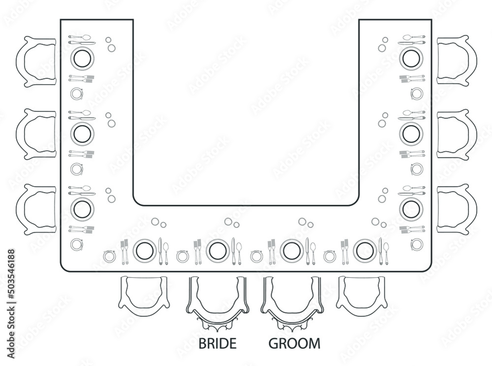Wedding table placement concept with plates, spoon, fork, chair, 2d ...