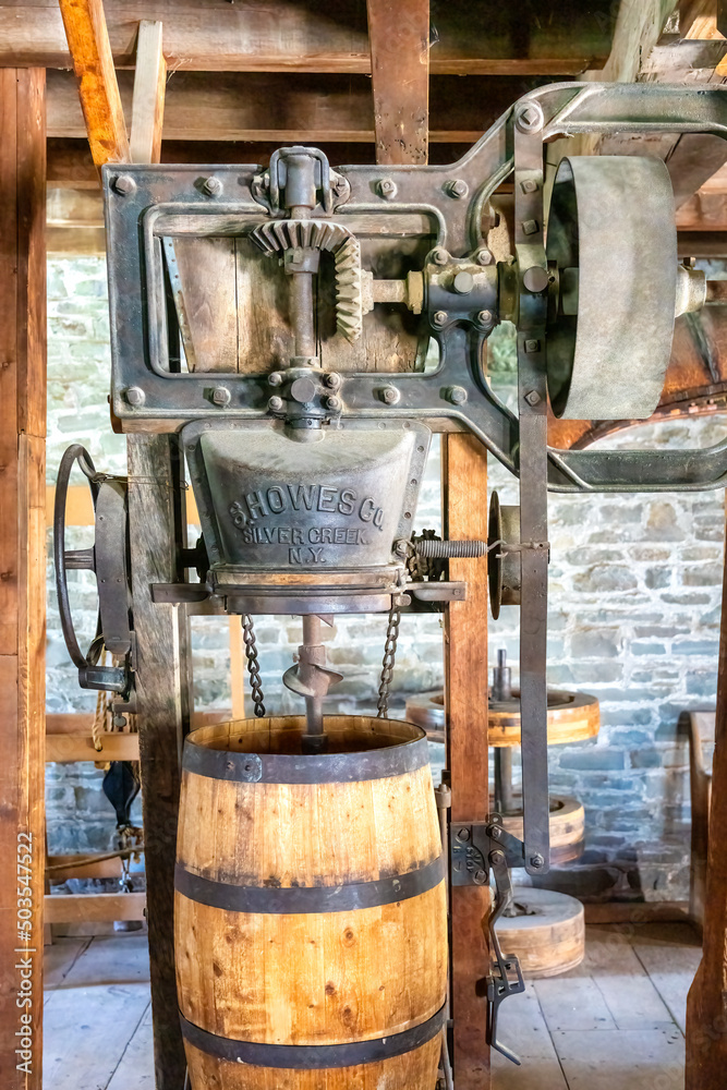 Indoors in an antique mill. Seen in Black Creek Pioneer Village which ...