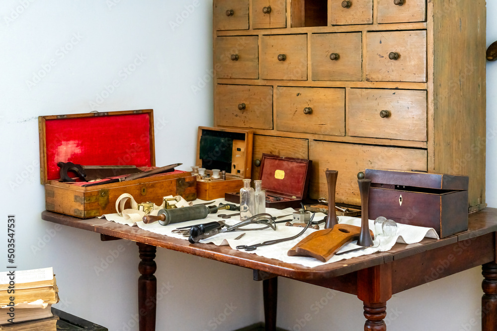 Doctor's instruments in a table. Seen in Black Creek Pioneer Village ...
