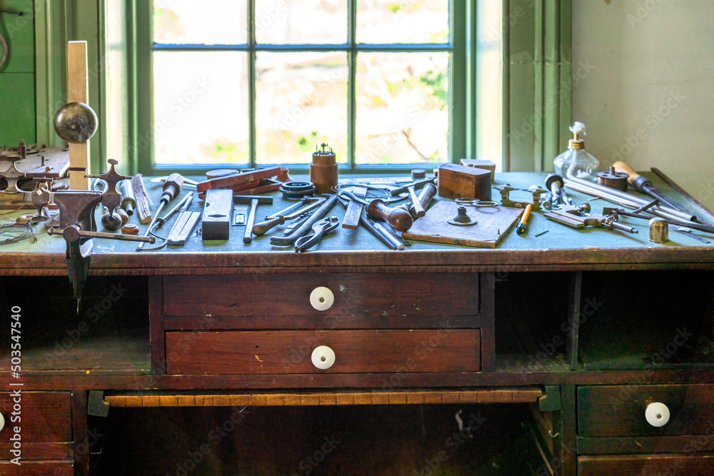 Diverse tools of a watchmaker. Seen in Black Creek Pioneer Village ...