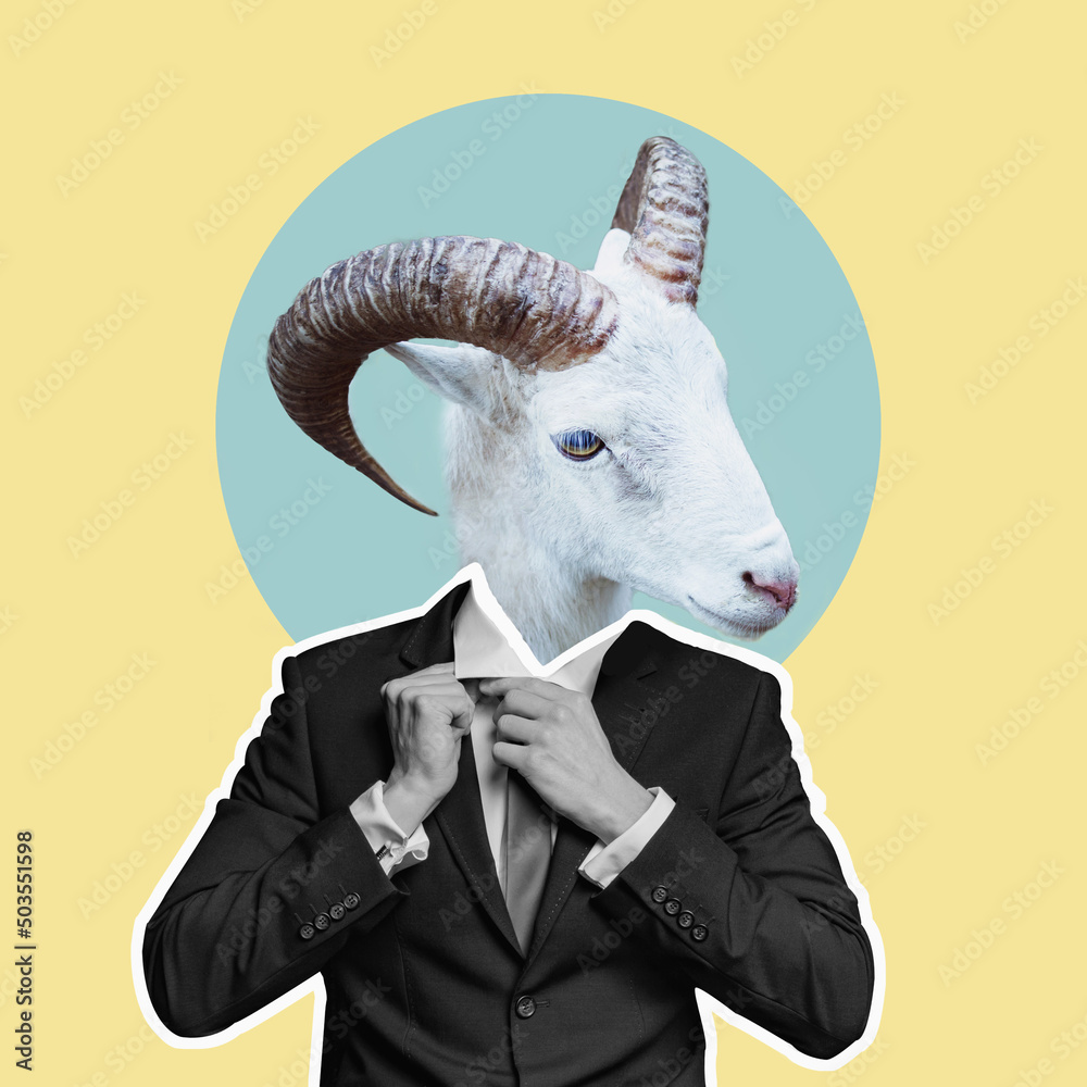 Portrait of a business man with an animal face on a yellow blue ...