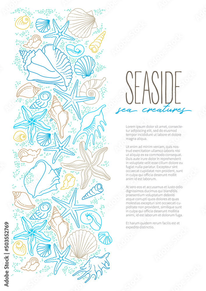 Vector frame, border of line art tropical sea elements, seashells ...