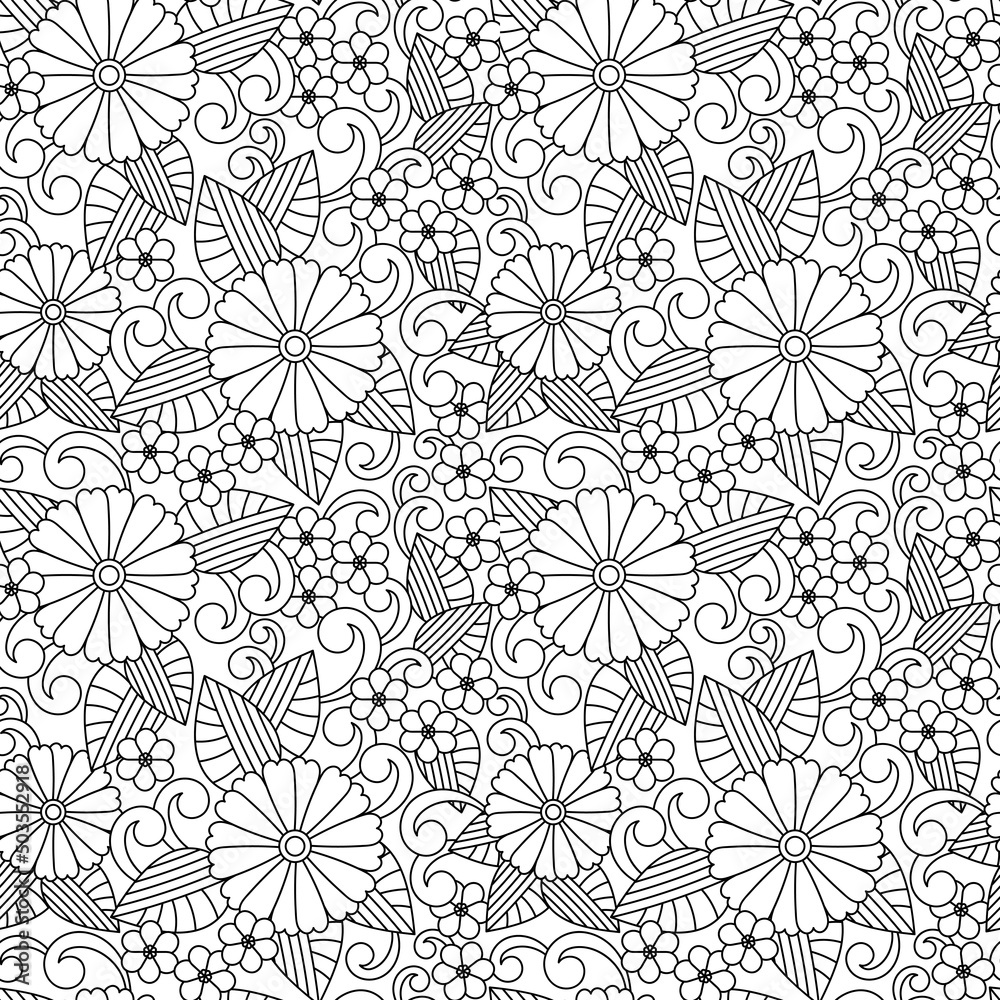 Monochrome seamless floral patterns. Texture coloring book with flowers ...