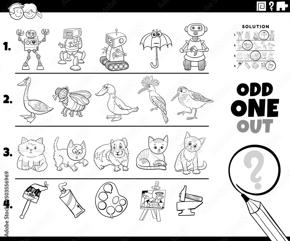 odd one out task with cartoon characters coloring book page Stock ...