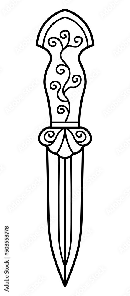 Outined vector drawing of ornamented fantasy dagger with spiral ...