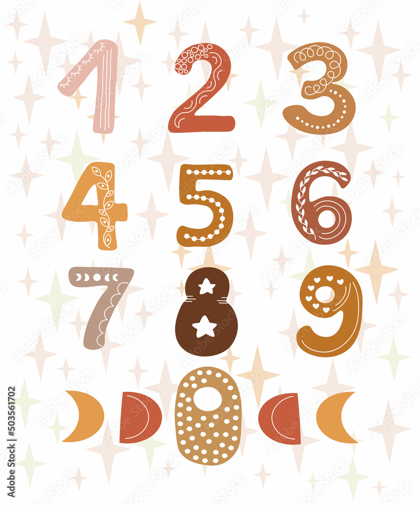 Hand drawn numbers in boho style. Cute symbols for banners, nursery ...
