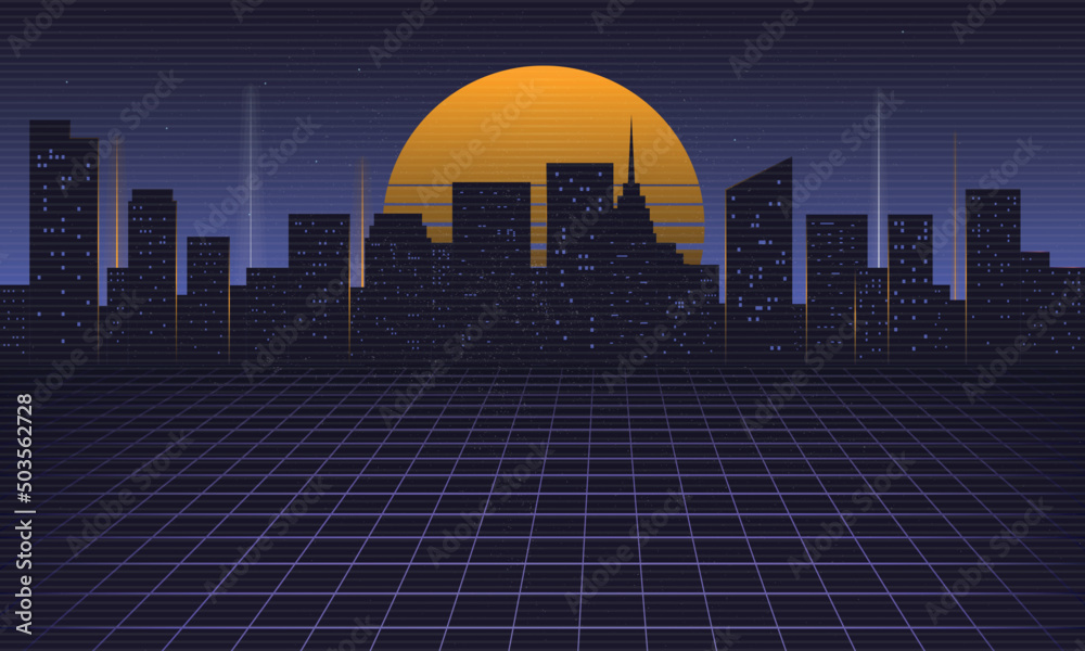 Retro neon night city background, Cityscape with retro sun and vintage ...