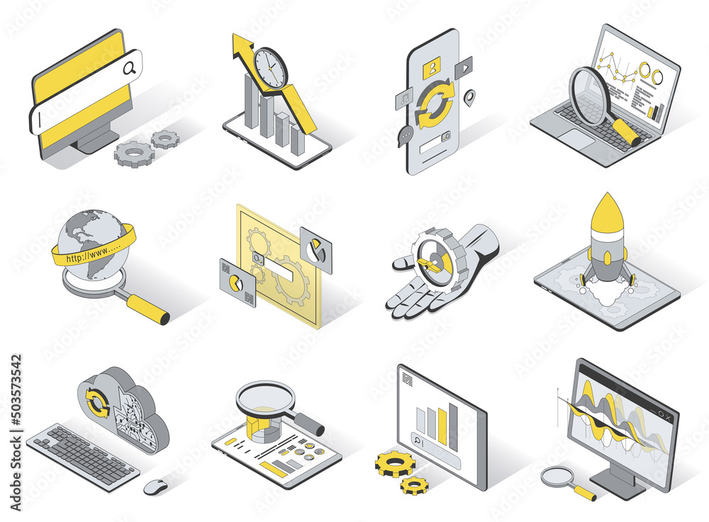 Vetor de Seo optimization service concept 3d isometric icons set. Pack ...