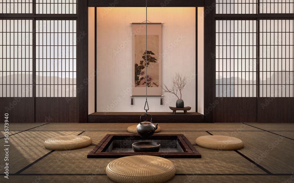 Traditional japanese tea room interior with tatami mats and sun light ...
