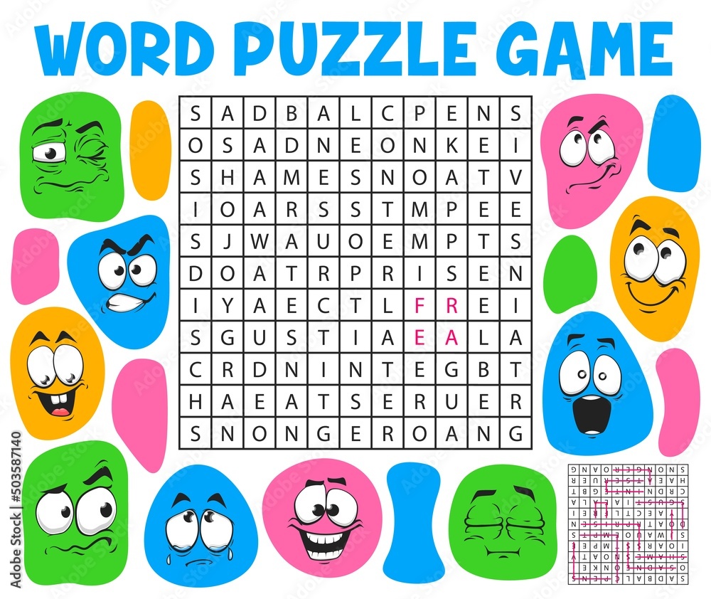 Cartoon face emotions and expressions, word search puzzle game ...