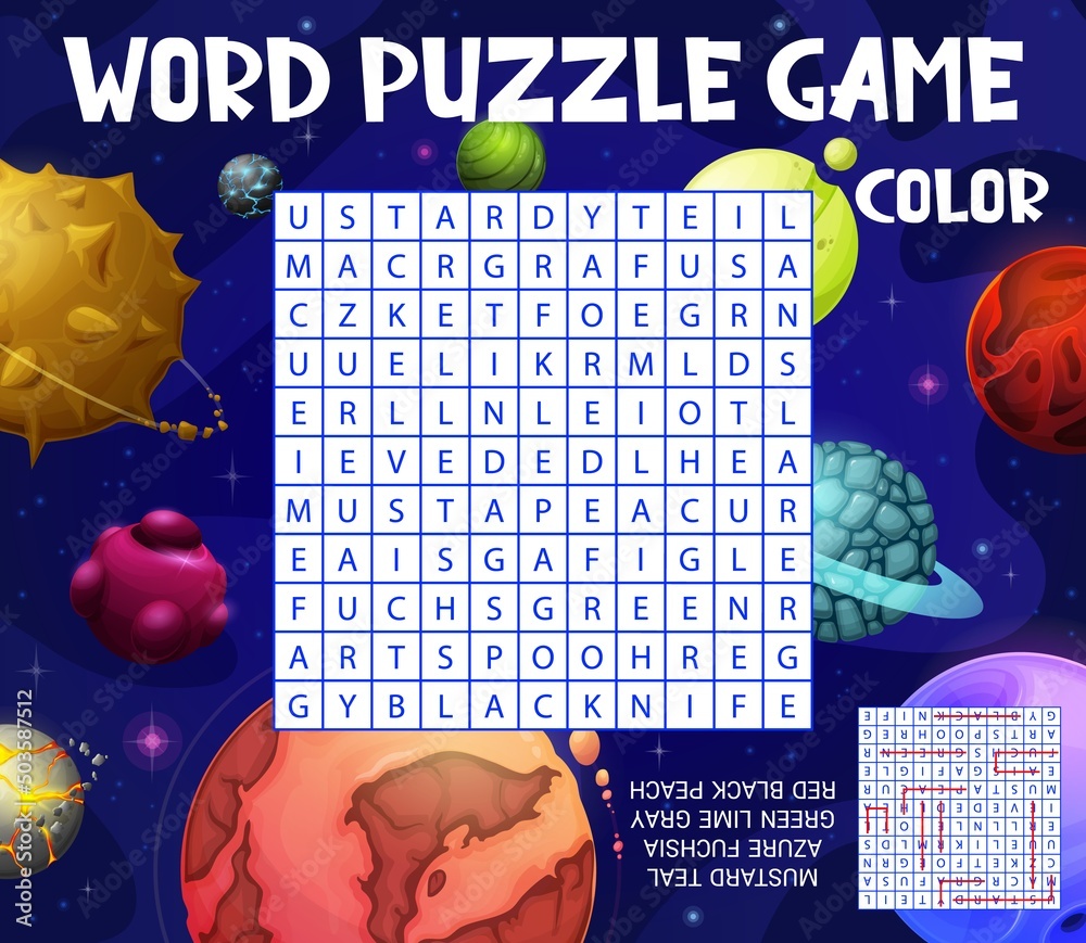 Cartoon galaxy space planets word search vector puzzle game worksheet ...