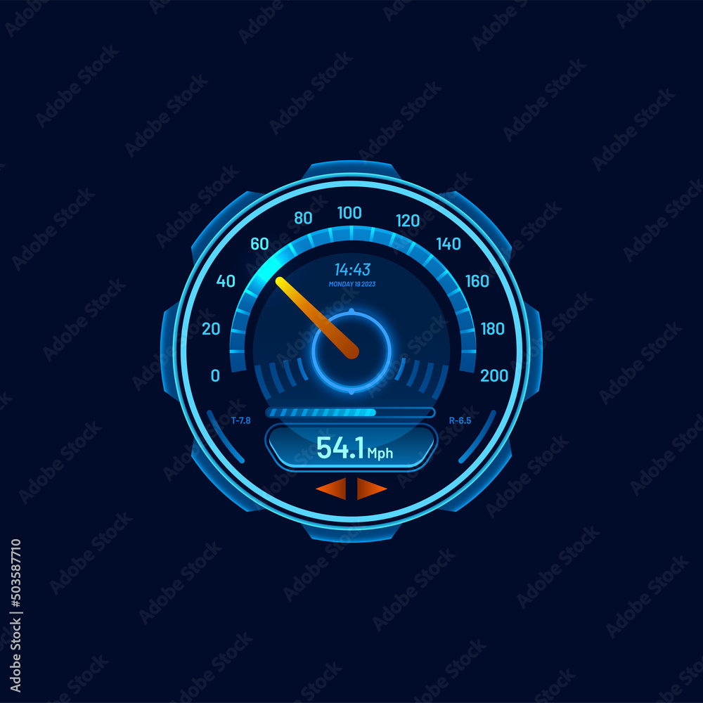 Speedometer, futuristic car speed meter or gauge dial, vector, neon LED ...